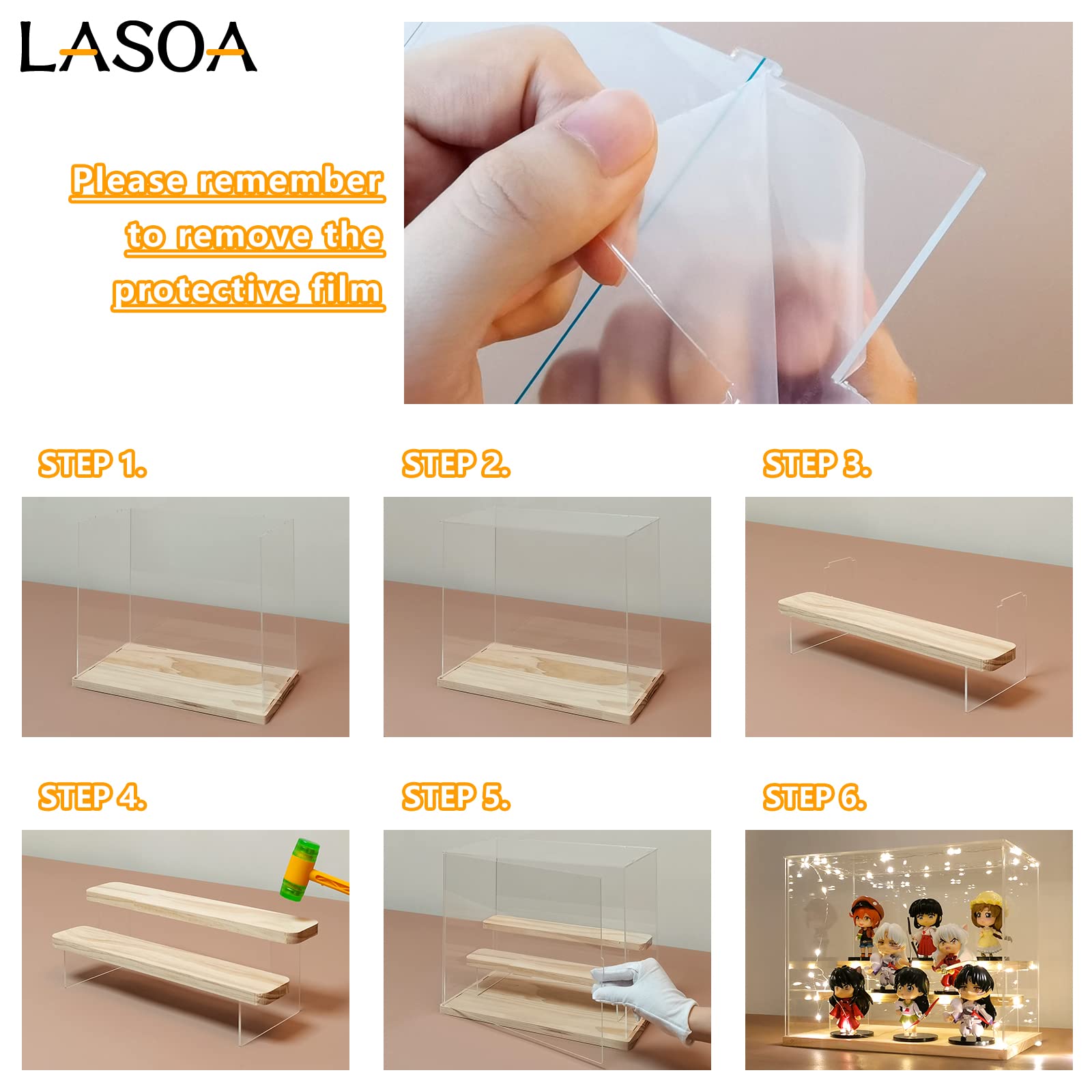LASOA 4 Tier Acrylic Display Case for Collectibles, Alternative Glass Display Box with Wood Base and Lid, Self-Assembly Clear Shelf Showcase for Figurine Memorabilia (11.8x8.9x11inch; 30x22.5x28cm)