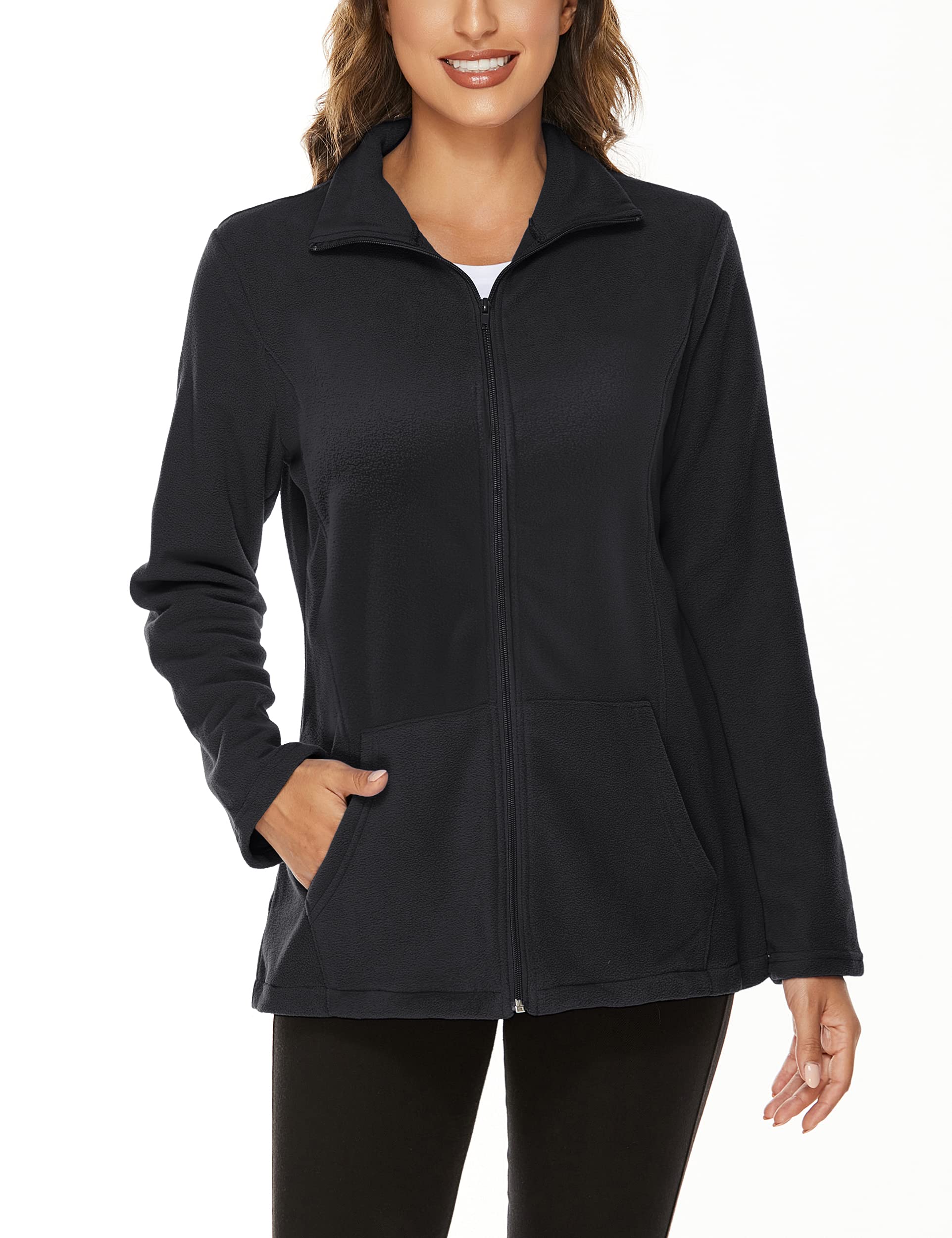 Hibelle Zip Up Jacket, Women Fleece Coats XXL Lightweight Thin Athletic Plus Size Long Sleeve Zipped Tops for Fall Winter Stylish Fashion Comfy Attires Black 2XL