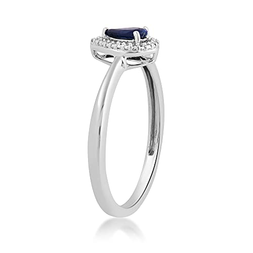 Jewelili Sterling Silver 5X3 MM Pear Cut Genuine Blue Sapphire and Natural White Round Diamond Accent Teardrop Engagement Ring, Size 6