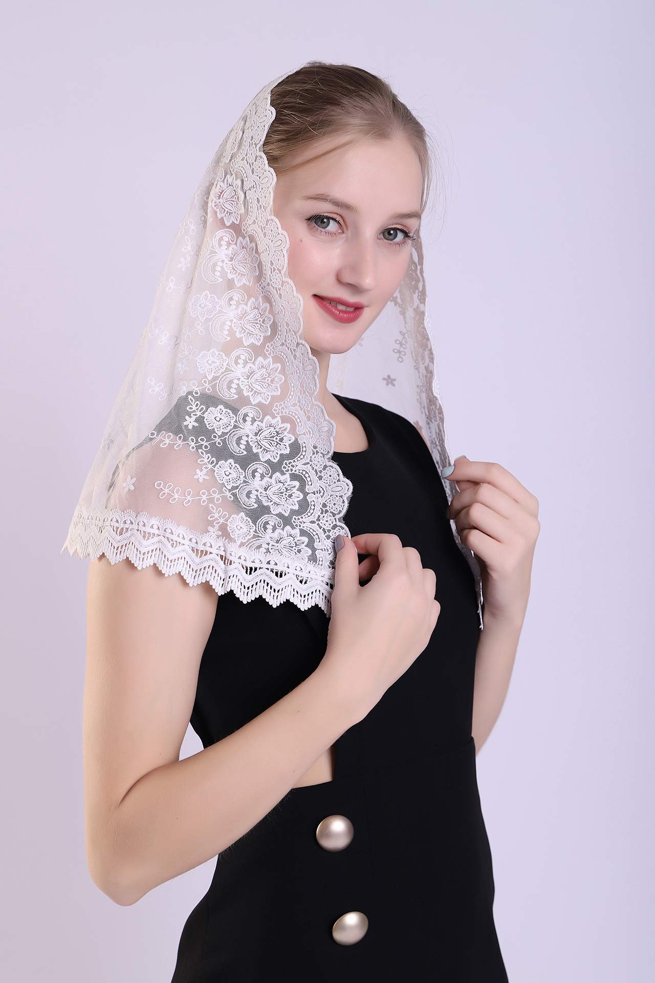 Grettytling Chapel Veil Embroidered Lace Mantilla Veil Head Covering Veils for Church,White