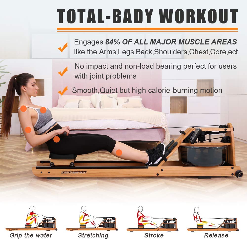 gorowingo Water Rower Rowing Machine, Wooden Row Machine with LCD Monitor & Phone Holder for Home Use Indoor Full Body Exercise