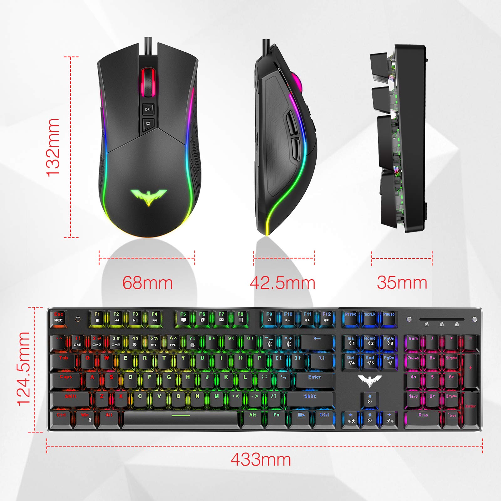 havit Mechanical Keyboard and Mouse, Wired Gaming Keyboard Blue Switch 104 Keys Rainbow Backlit Keyboard and 7 Button Wired Mouse 4800 DPI for PC Computer Gamer (Black)