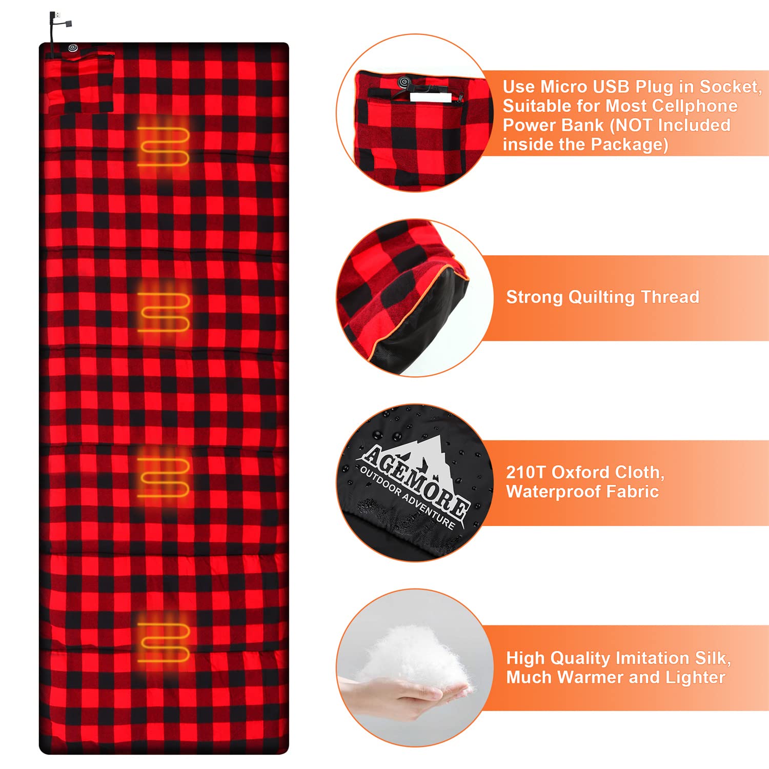 Heated Sleeping Bag Liner, Cotton Flannel Lined Sleeping Pad with 5V USB Power Support Heating Pad, Multifunctional Waterproof Heated Sleeping Pad for Cold Weather Camping, Backpacking or Hiking (Red)