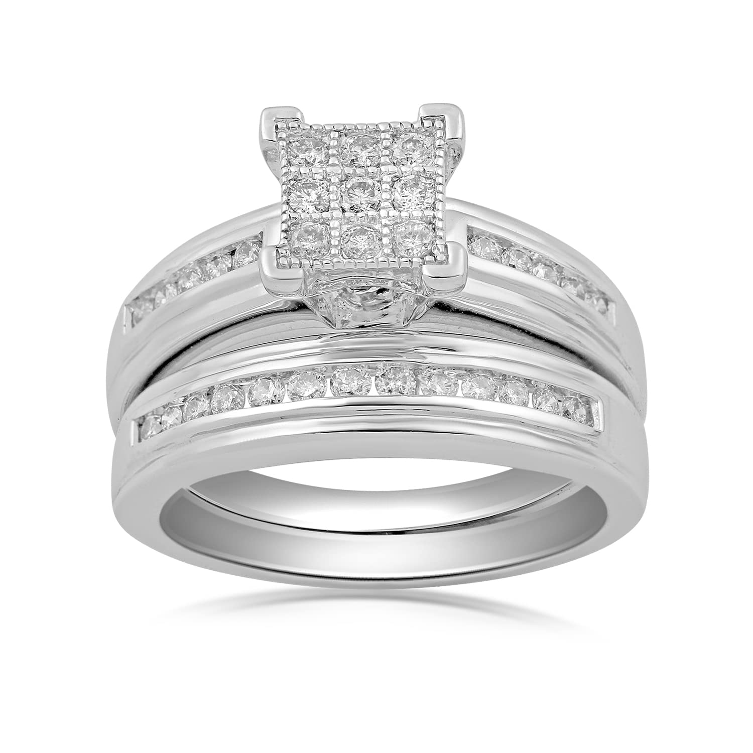 Jewelili Sterling Silver 1/2 Cttw Natural White Round Diamond Bridal Set Engagement Ring, Size 7