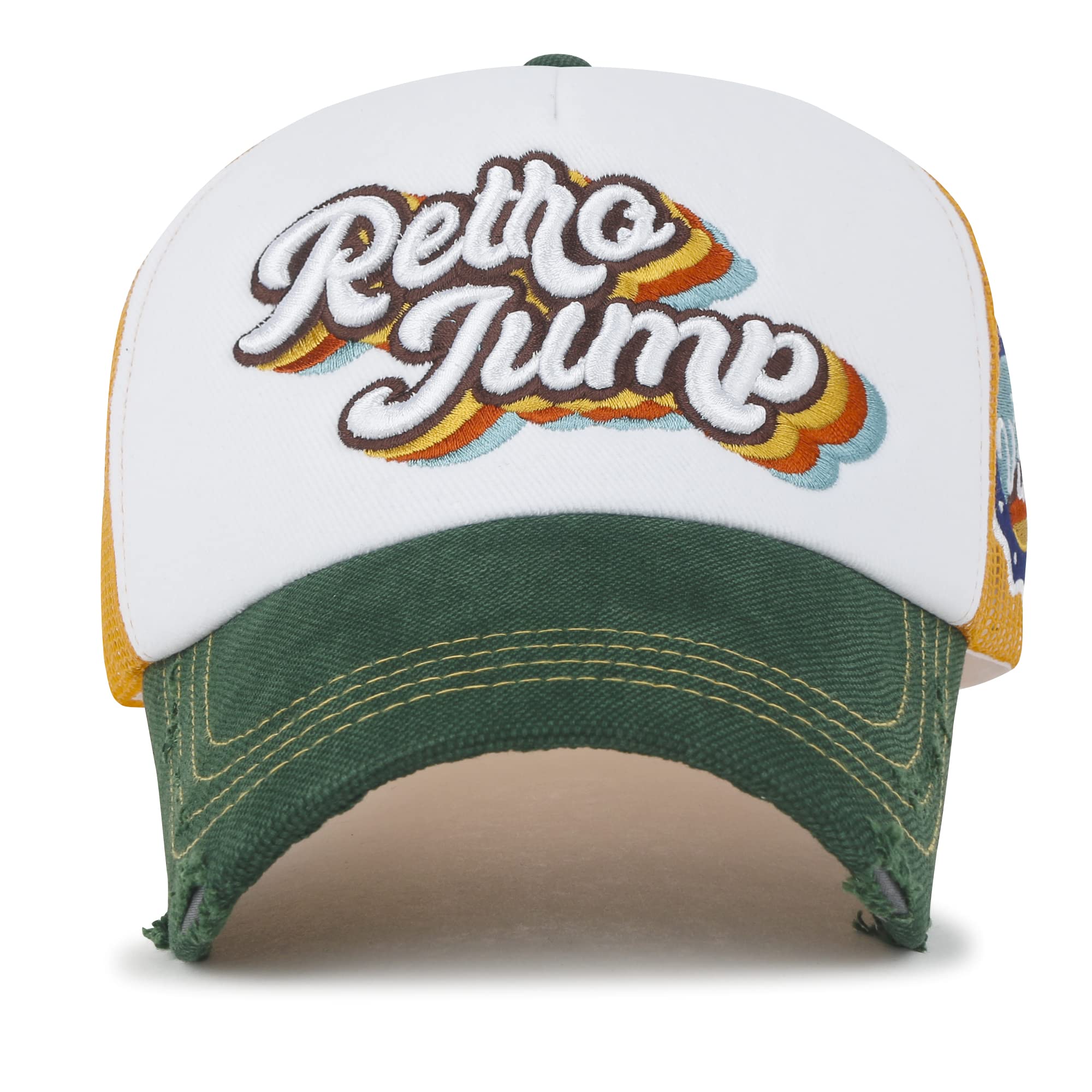 ililily Retro Embroidery Baseball Cap Vintage Distressed Cotton Trucker Hat (Medium, Green - Jump)