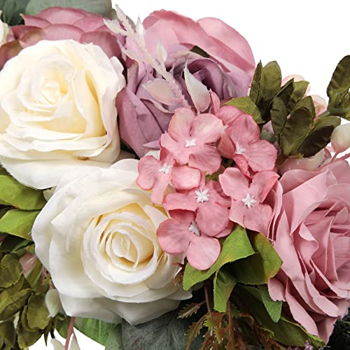 HiiARug Artificial Rose Flower Swag, 31 Inch Decorative Swag with Dusty Rose Hydrangeas Eucalyptus Leaves for Home Room Garden Lintel Wedding Arch Party Decor (Ivory Dusty Rose,31")