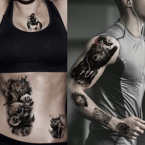 JEEFONNA 72 Sheets Temporary Tattoo for Men Women Adults, Include 12 Sheets Large Black 3D Realistic Tattoos Half Sleeve Temporary Tattoos, Include Black Scary Lion Wolf Tiger Skull Fake Tattoos …
