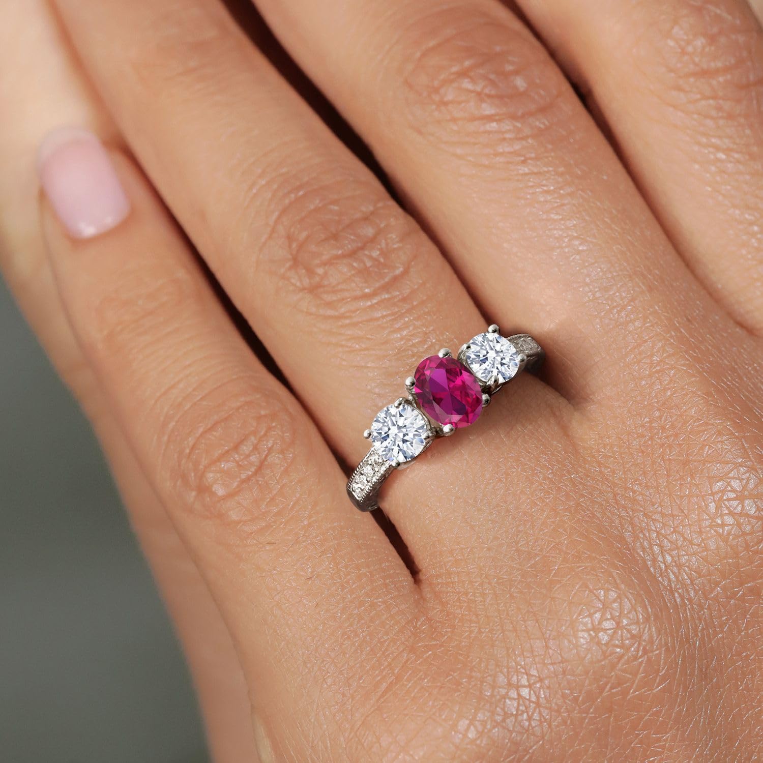 Gem Stone King 2.52 Cttw 925 Sterling Silver Red Created Ruby 3-Stone Engagement Ring | Oval 7X5MM & Round 5MM | 3 Stone Wedding Anniversary Promise Ring For Women (Size 6)