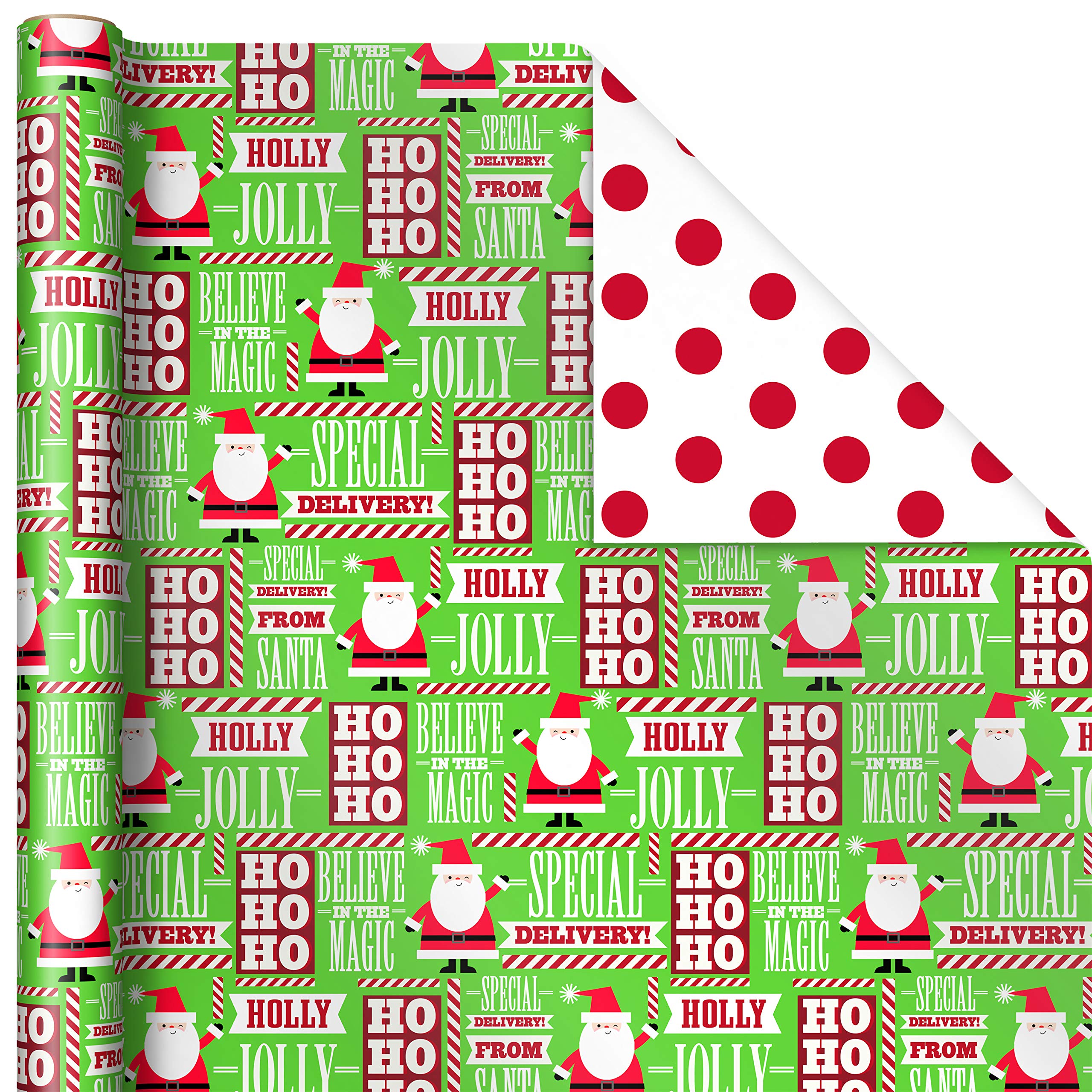 Hallmark Reversible Christmas Wrapping Paper for Kids - Bulk (2 Jumbo Rolls: 160 sq. ft. ttl) Santa, Snowflakes, Stripes, Red Dots, Dual-Pack
