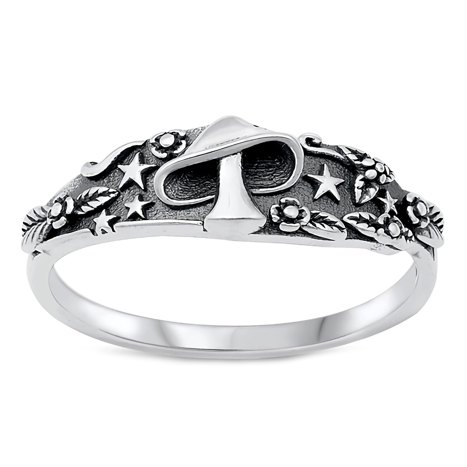JEWELRITZY 6mm Mushroom Flower Leaf Stars Vintage Style Ring Solid 925 Sterling Silver Size 10