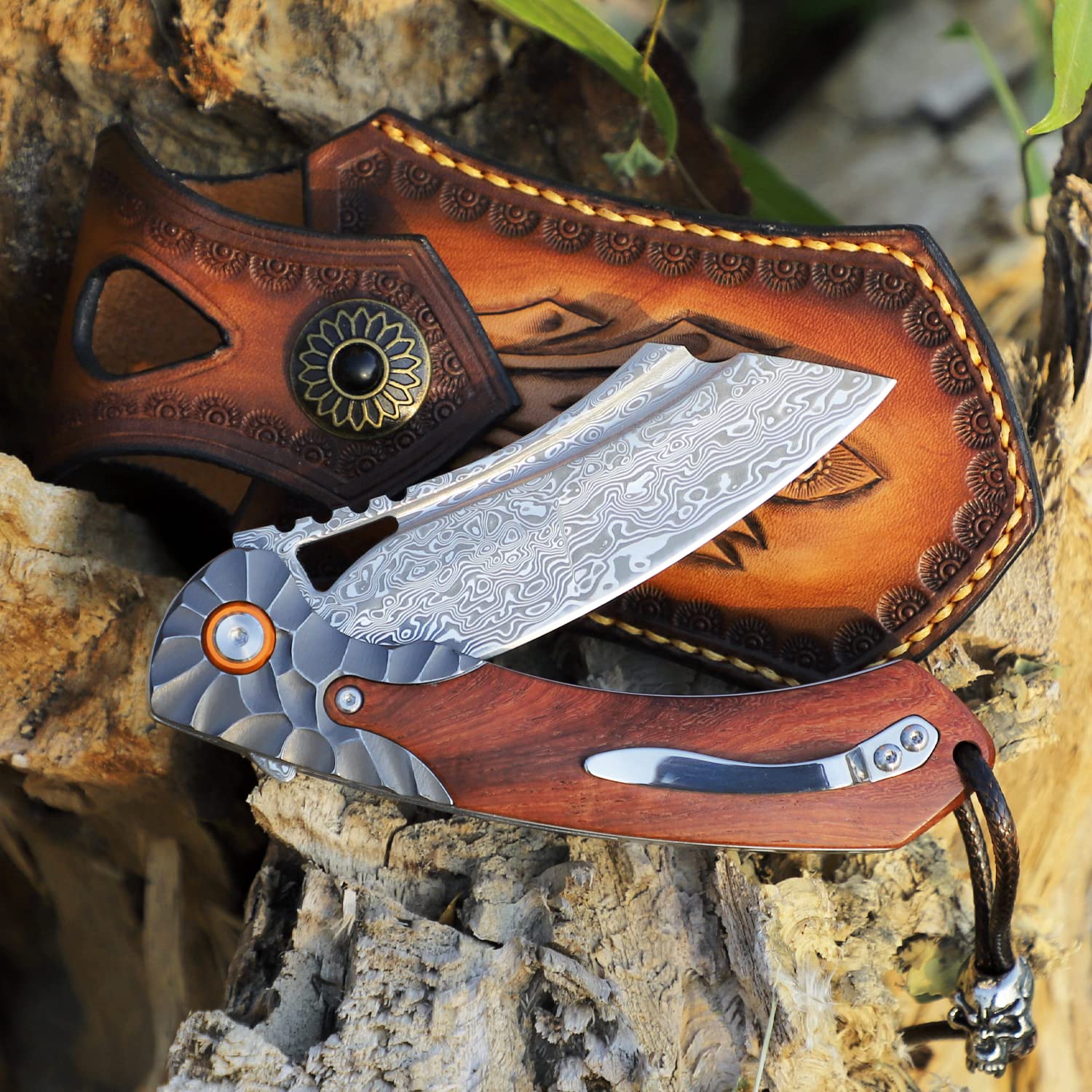 Minowe men's pocket knife Damascus Steel Handmade Folding Knife,3.5 in blade rosewood handle,with leather case ,Liner Lock Steel ball bearings,pocket clip ,EDC Camping Outdoor Survival Knife