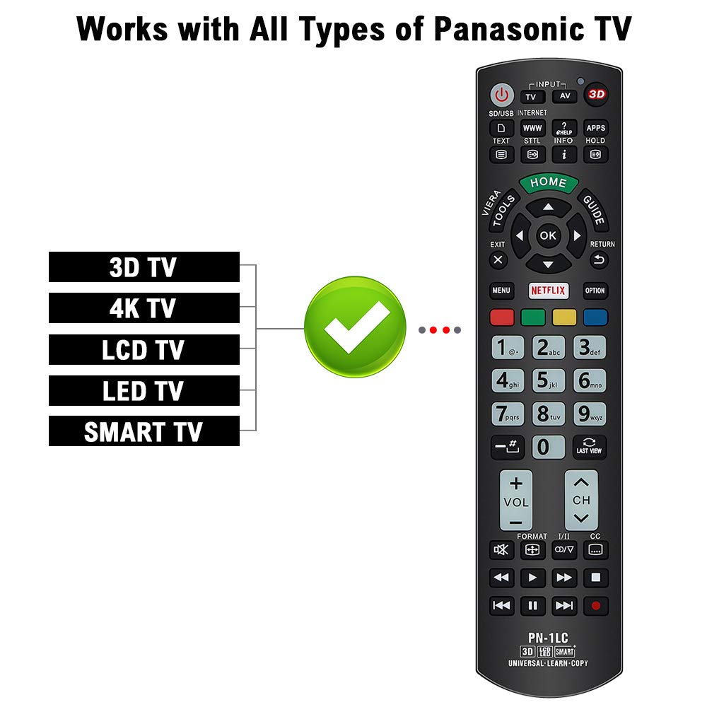 Gvirtue Universal Replacement Remote Control Compatible for Panasonic-Remote-Control LCD LED 3D Smart 4K Ultra HD TV with Netflix and Viera Link Buttons