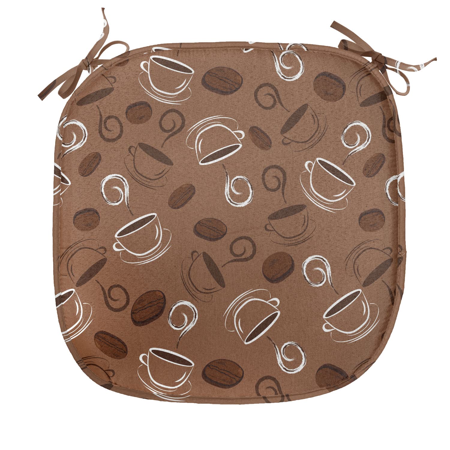 Lunarable Coffee Chair Seating Cushion Set of 2, Cup of Espresso Silhouettes with Beans Caffeine Source Gourmet Drinks Illustration, Anti-Slip Seat Padding for Kitchen & Patio, 16"x16", Brown White
