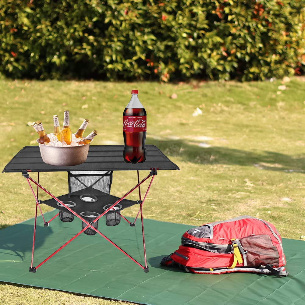 Grepatio Lightweight Camp Table - 4 Mesh Cup Holders and Carrying Bag Included, Folding Canvas Camping Table for Picnic, BBQ, Fishing, Hiking