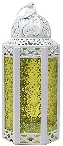 Vela Lanterns White Moroccan Lamp Lantern Decorative Candle Holder for Indoor Outdoor Weddings, Home Decor, Patio, Weddings, Yellow Glass, Medium