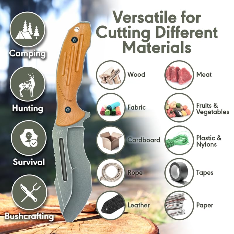 Hunting Knife with Sheath, 10" Fixed Blade Hunting Knives Infused with G10 Handle, 440C Stainless Steel Full Tang Survival Knife By Kratos - ZFS7