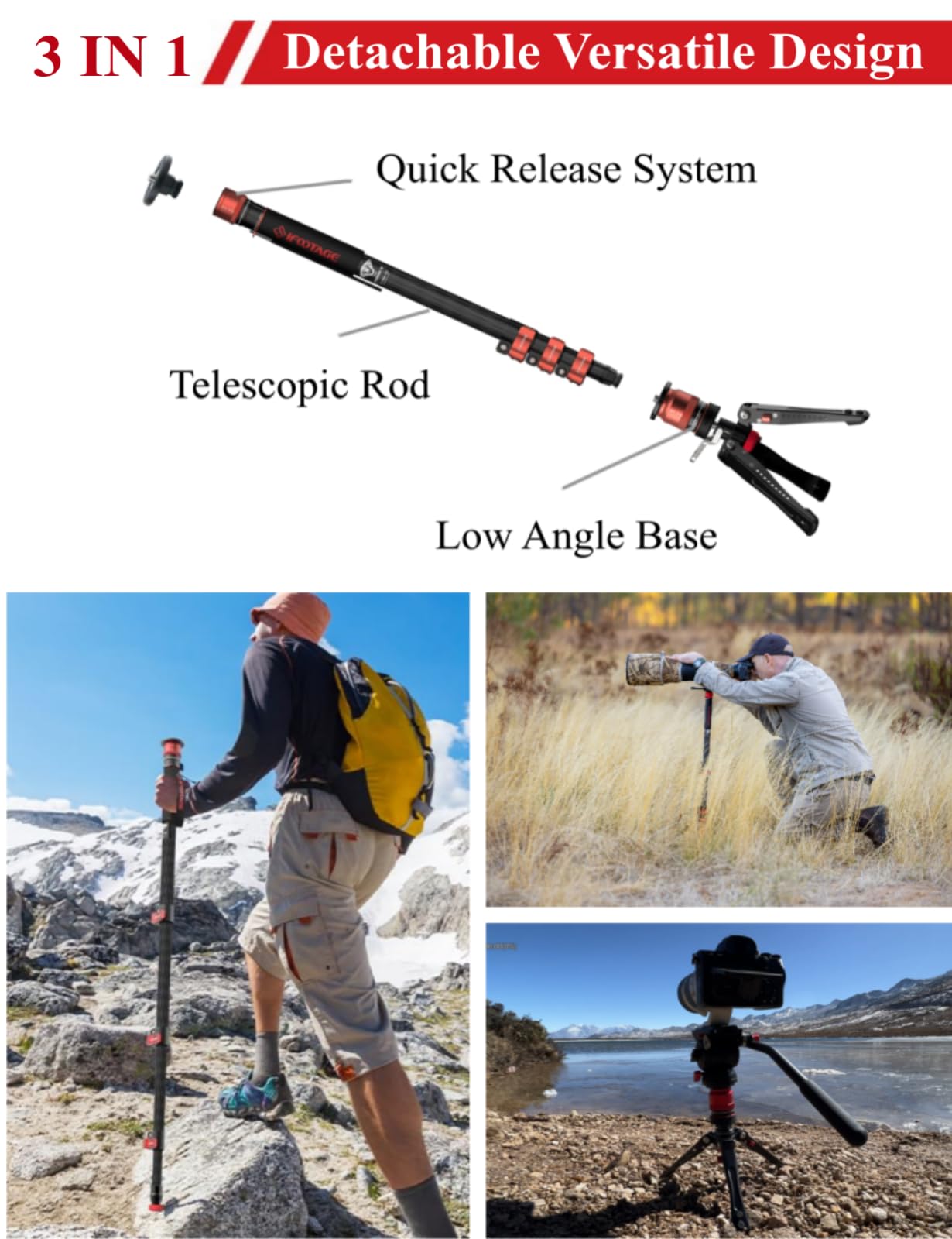 IFOOTAGE Cobra 3 Monopod C180F-P with K5S Fluid Head, Professional Portable Travel Monopod Kit for Canon Nikon Sony Olympus Panasonic DSLR Camera