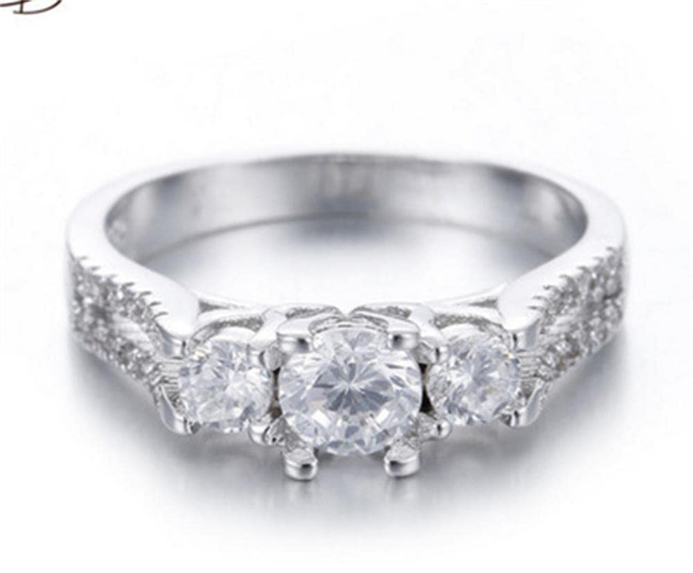 Imitation 925 Sterling Silver Moissan Three-Stone Zircon Ring, Cubic Zirconia CZ Commitment Engagement Wedding Ladies Ring (US Code 5-9) (7)
