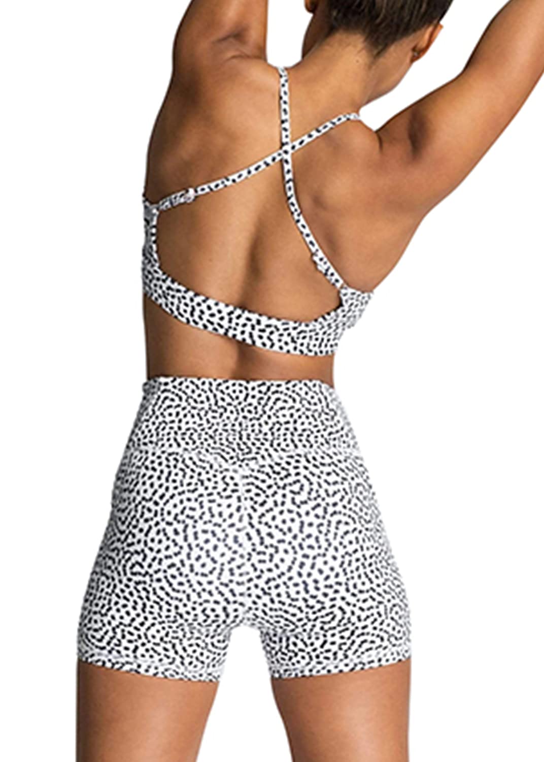IMEKIS Workout Sets for Women 2 Piece Yoga Outfit: Tracksuits High Waisted Running Biker Shorts with Adjustable Strap Sport Bra Exercise Running Clothes Athletic Gym Sets Matching White Polka Dots S