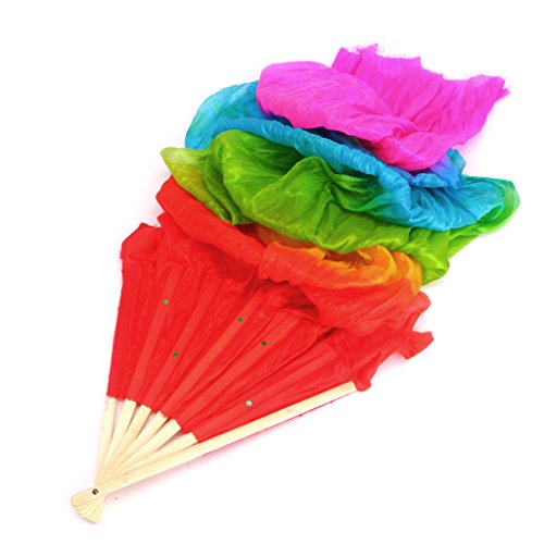 KKirafairy New Colorful Belly Dance Bamboo Long Silk Fans Veils 4 Colors Hand Made Silk Fan