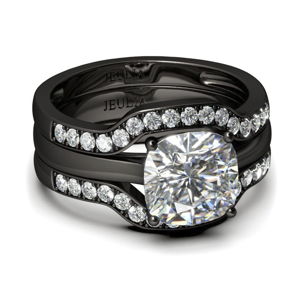Jeulia 3.7ct Diamond Band 3PC Cushion Cut Sterling Silver Ring Set Bridal Halo Wedding Promise Ring Classic Dainty Brilliant Anniversary Engagement Art Deco Jewelry with Gift Box (Black, 7)