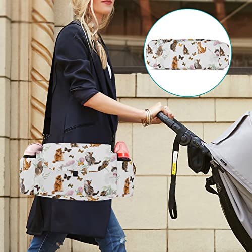 Kigai Cats Butterflies Baby Stroller Organizer with Cup Holders, Secure Hooks Accessories Adjustable Strap Stroller Bag for Bottle, Diaper, Phone, Toys, Baby Items