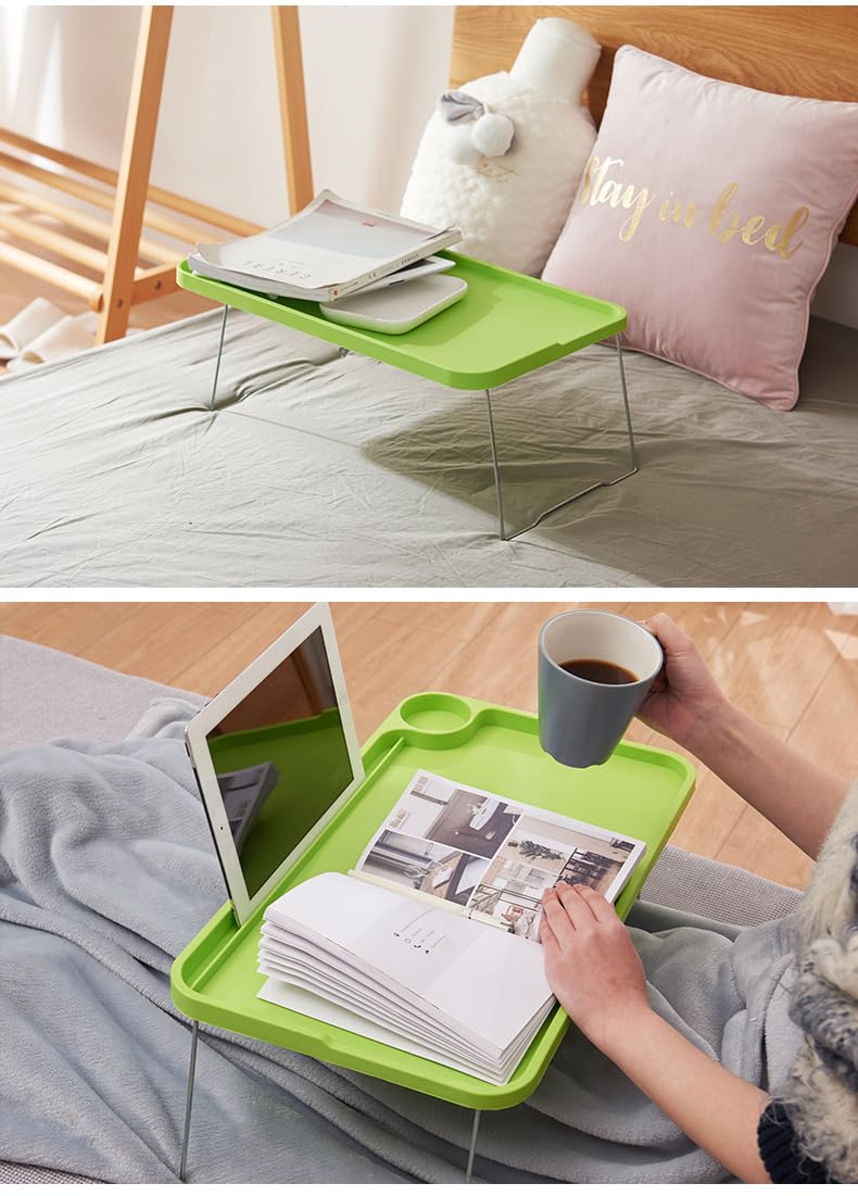 FRAMUN Lap Table, Folding Laptop Bed Table with Cup Holder and Tablet Slot, Student Dormitory Sofa Balcony Portable Breakfast Tray Table, Lazy Easy Laptop Tray (Green 20.48 * 12.2 * 1 inches)