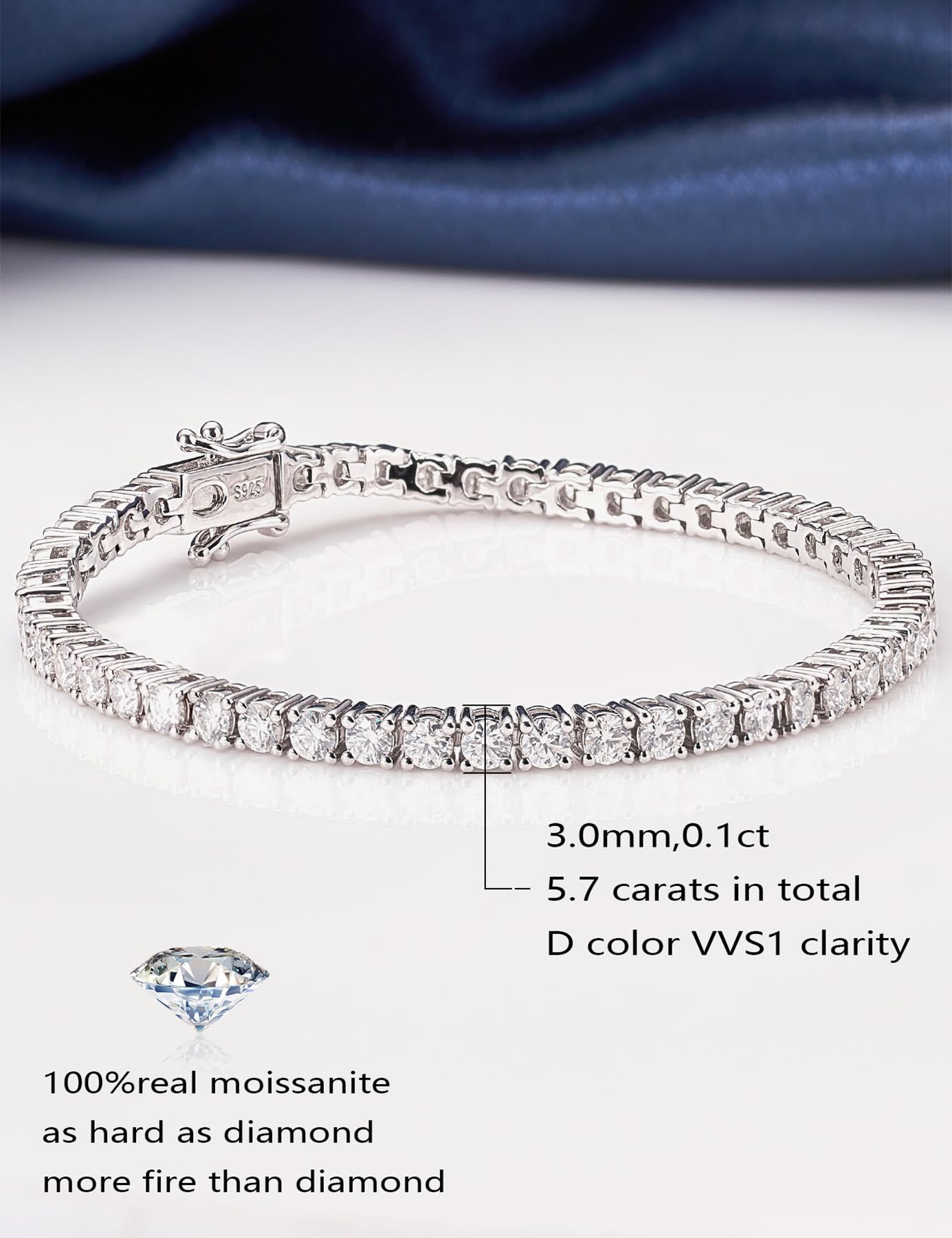 IMOLOVE Moissanite Tennis Bracelet for Women Sterling Silver Wedding Bracelets for Brides Stacking Dainty Bracelets with 18K White Gold Plated-18