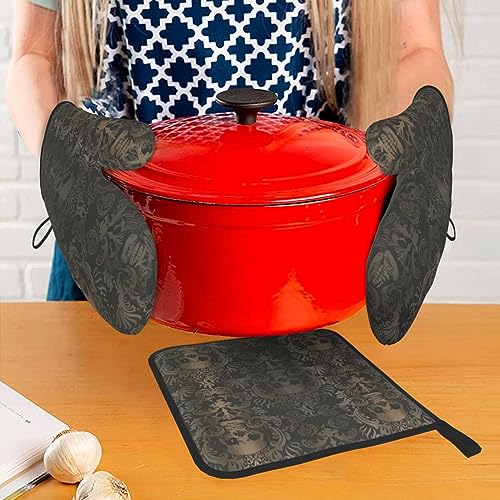 Gothic Wallpaper Skull Printed Oven Mitt and Pot Holders Set of 3 Non-Slip Cooking Gloves Heat Resistant Hot Pads for Kitchen BBQ Baking
