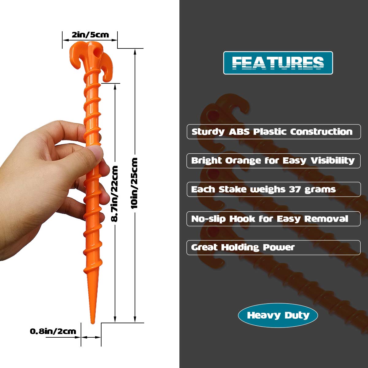 Hikemax Spiral Plastic Tent Stakes 15 Pack - 10 Inch Heavy Duty Beach Tent Pegs Canopy Stakes - Essential Gear for Camping, Backpacking, Gardening and More