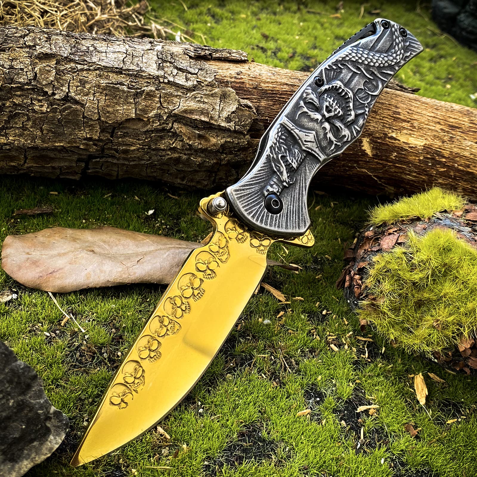 HOLYEDGE 7.8-in Tactical Folding Pocket Knife with 3.3-in Gold Mirror Blade, 3D Skull Handle, with Pocket Clip, Liner Lock and Auxiliary Opening for Outdoor Camping Survival Knives