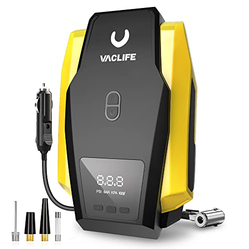 VacLife Tire Inflator Portable Air Compressor - Air Pump for Car Tires (up to 50 PSI), 12V DC Tire Pump for Bikes (up to 150 PSI) w/ LED Light, Digital Pressure Gauge, Model: ATJ-1166, Yellow (VL701)