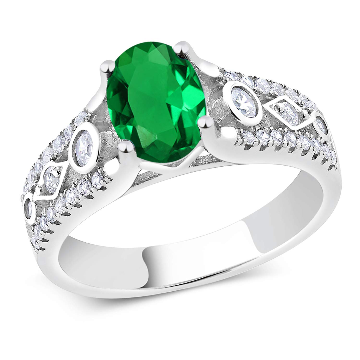 Gem Stone King 925 Sterling Silver Green Nano Emerald Engagement Ring For Women (1.56 Cttw, Available in size 5, 6, 7, 8, 9)