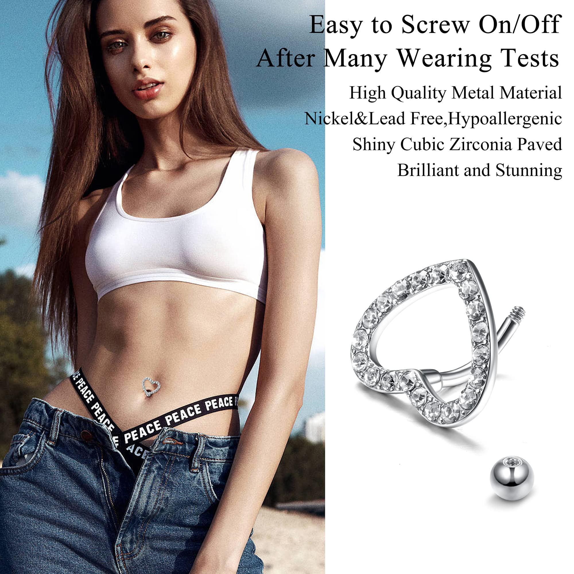 Jstyle Surgical Steel Belly Button Ring for Women Belly Piercing Dangling Cute Heart Butterfly Navel Rings Pack Silver