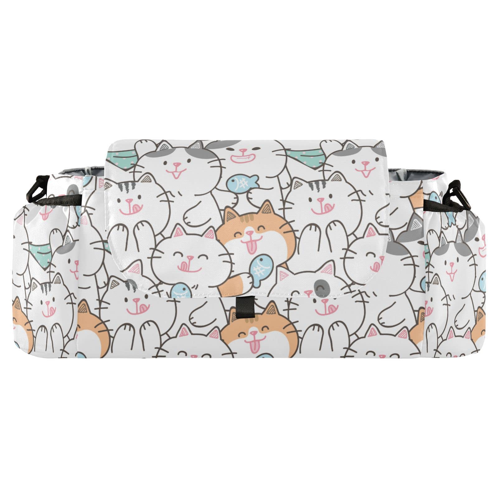 Kigai Cute Cartoon Cat Pattern Baby Stroller Organizer with Cup Holders, Secure Hooks Accessories Adjustable Strap Stroller Bag for Bottle, Diaper, Phone, Toys, Baby Items