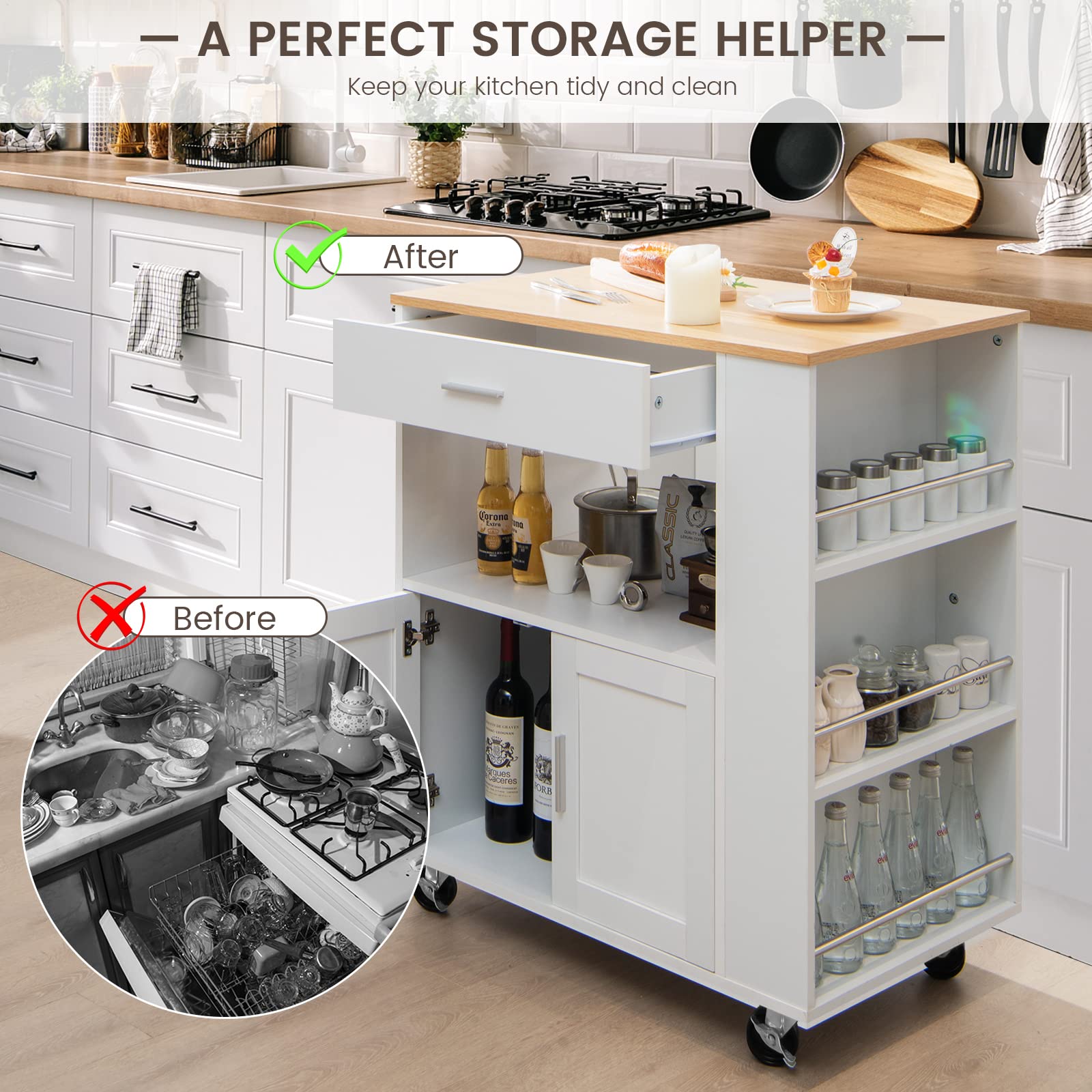 Giantex Kitchen Island on Wheels, Rolling Trolley Cart with 3 Spice Racks, 2-Door Cabinet, Storage Drawer, Open Shelf, Kitchen Serving Cart for Dining Room Bar (White)