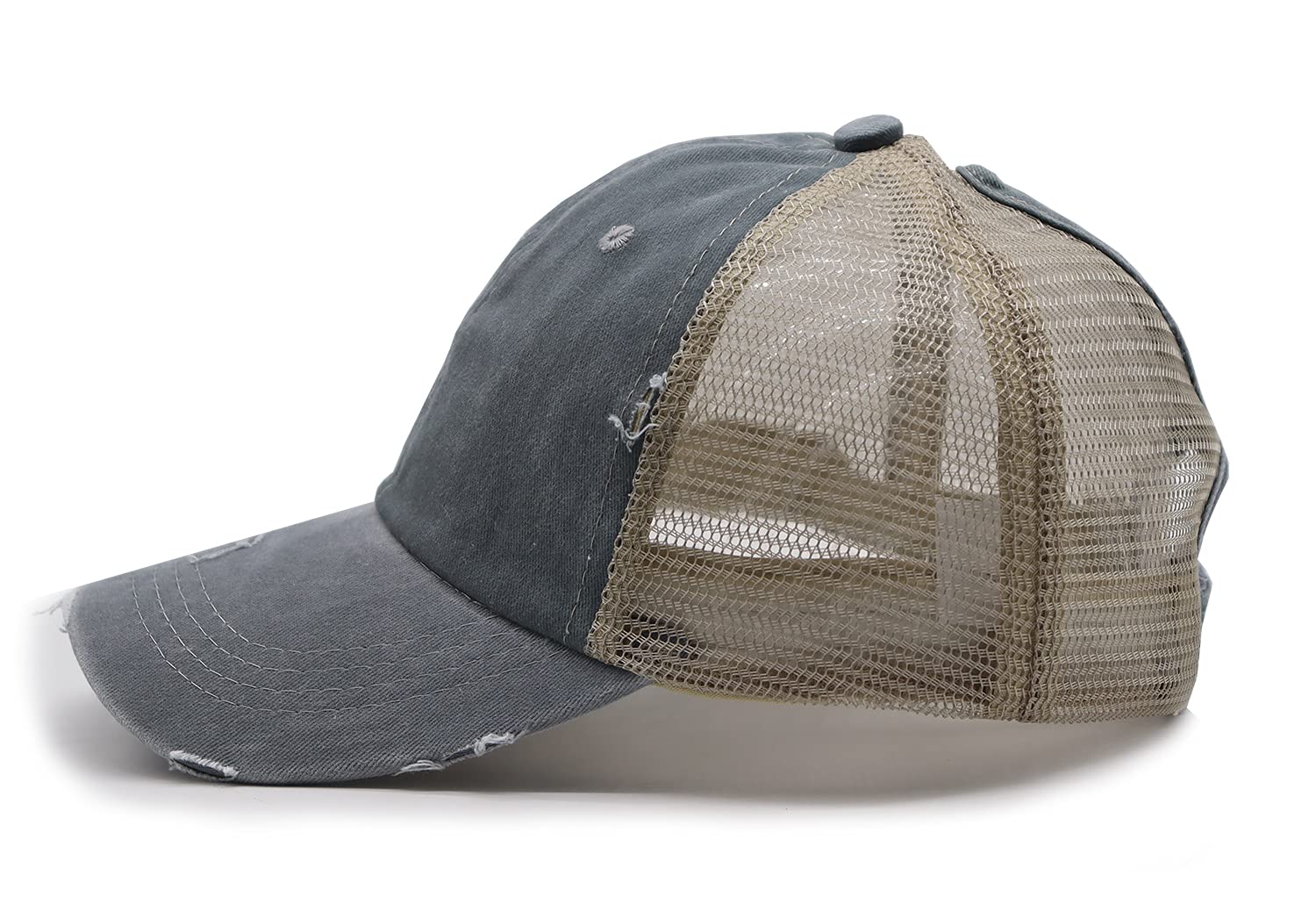 KKMKSHHG Ponytail Baseball Cap for Womens, Adjustable Vintage Trucker Washed Denim Dad Hat, Distressed High Mesh Messy Bun Velcro Ponycap