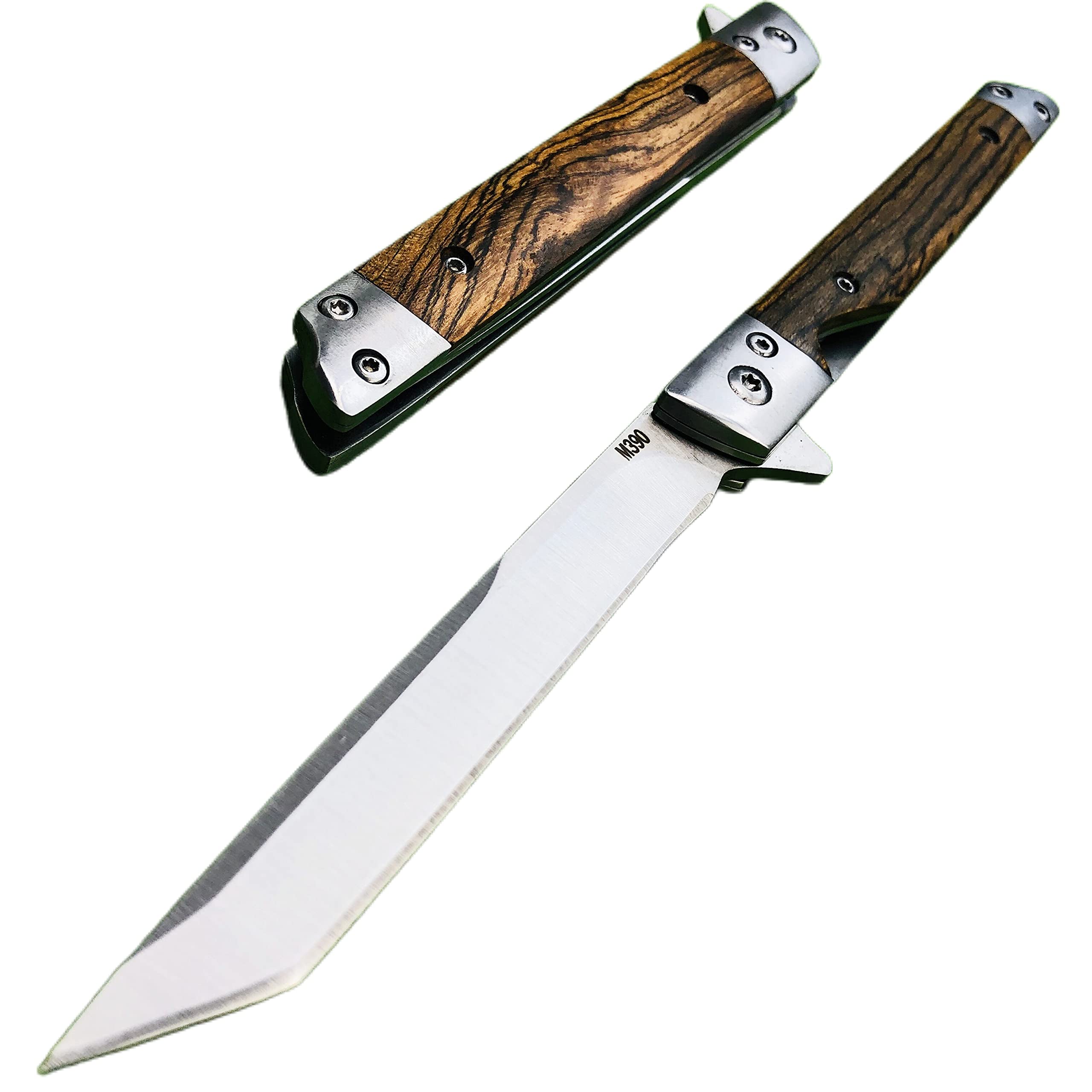 HOLYEDGE 8.5" Wooden Handle Damascus Style Folding Blade Knife - Best Outdoor Camping,Hunting Tactical Survival Knife W/Sheath (Tanto Blade)
