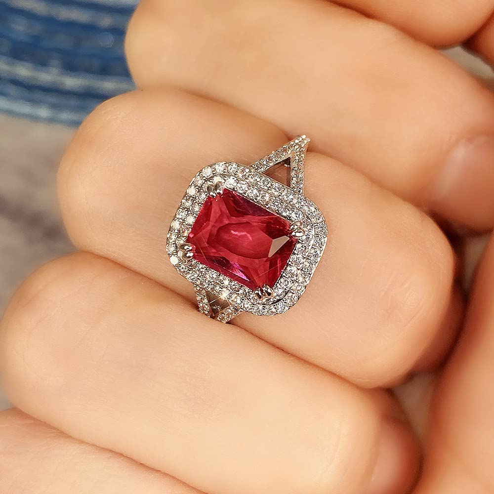 LRESJJIUJ Silver Plating Forge Cubic Zirconia Emerald Cut Ruby Women's Ring Size 6-10 Engagement Ring Anniversary or Lady Bride Jewelry Exquisite Ring Square Princess Ring