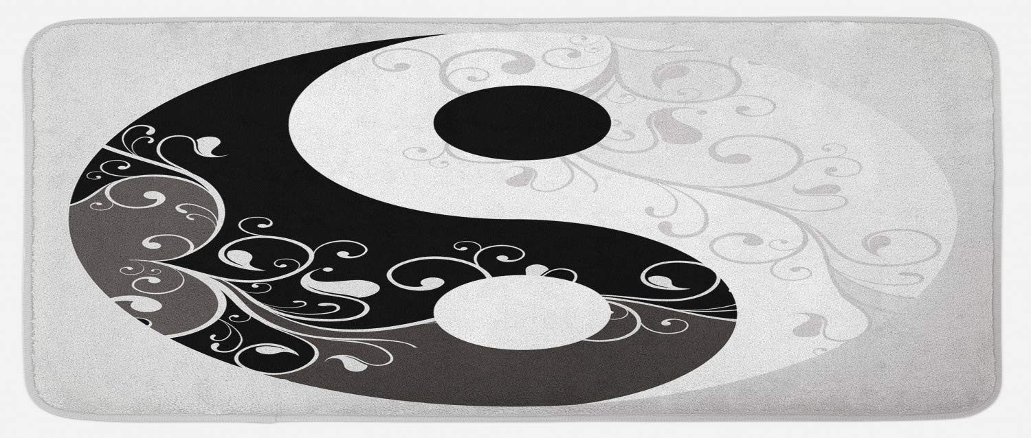Lunarable Ying Yang Kitchen Mat, Floral Design Swirling Branches Leaves Pattern Flow of Energy Cultural Graphic, Plush Decorative Kitchen Mat with Non Slip Backing, 47" X 19", Black White