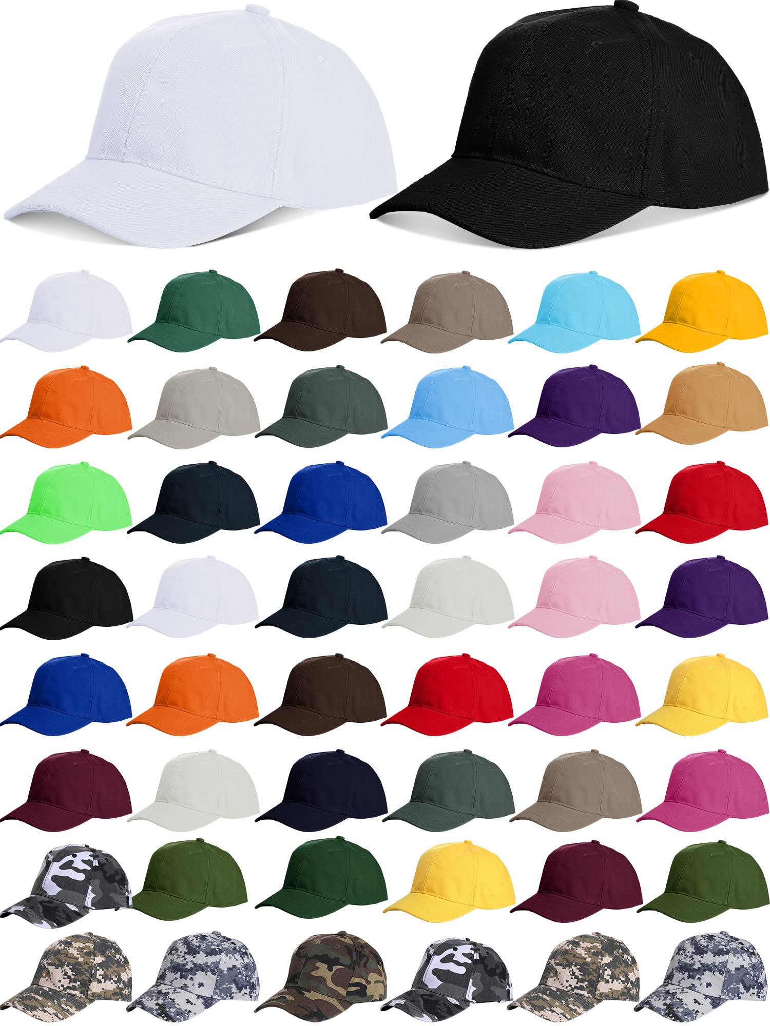 Jeere 50 Pieces Baseball Cap Bulk Blank Baseball Cap Adjustable Back Strap Plain Blank Camouflage Hat Unisex Baseball Cap for Trucker Men Women