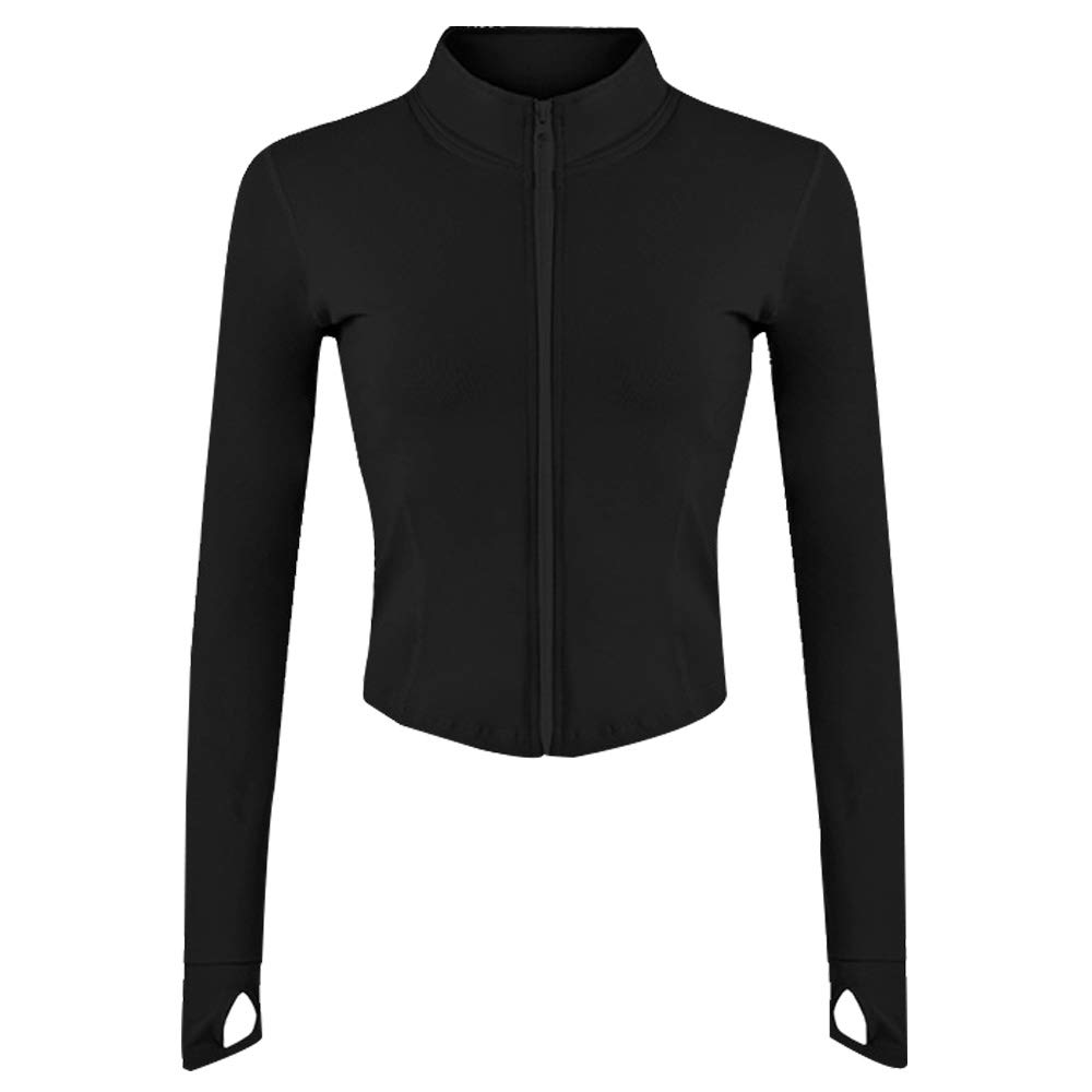 Gihuo Women's Athletic Full Zip Lightweight Workout Jacket Cropped Gym Yoga Track Jacket with Thumb Holes(Black-S)