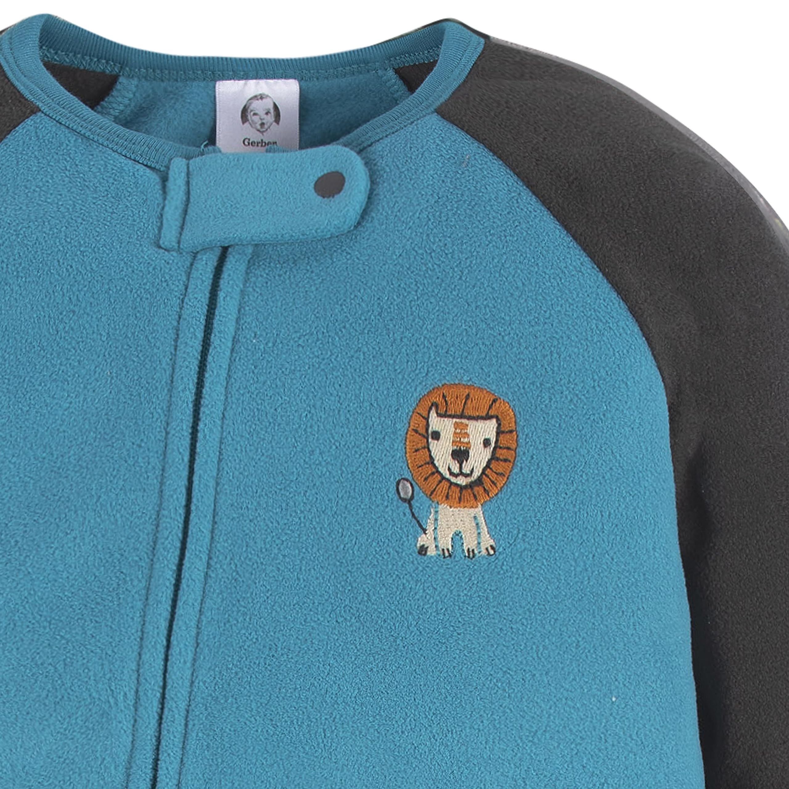 Gerber Baby Boys' Toddler Loose Fit Flame Resistant Fleece Footed Pajamas 2-Pack, Brown Lion, 0-3 Months