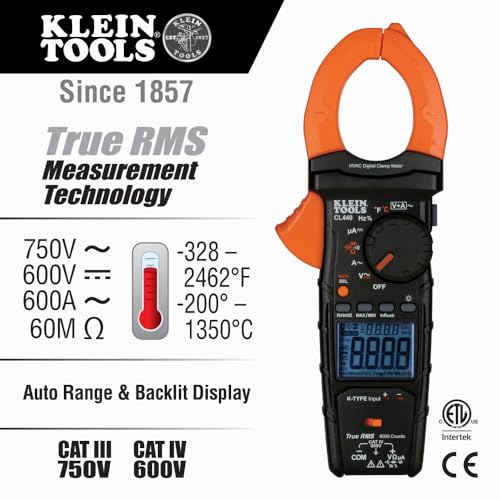 Klein Tools CL440 Clamp Meter, HVAC Meter with TRMS Tests AC/DC Voltage, AC Current, Temperature, DC micro amps, More