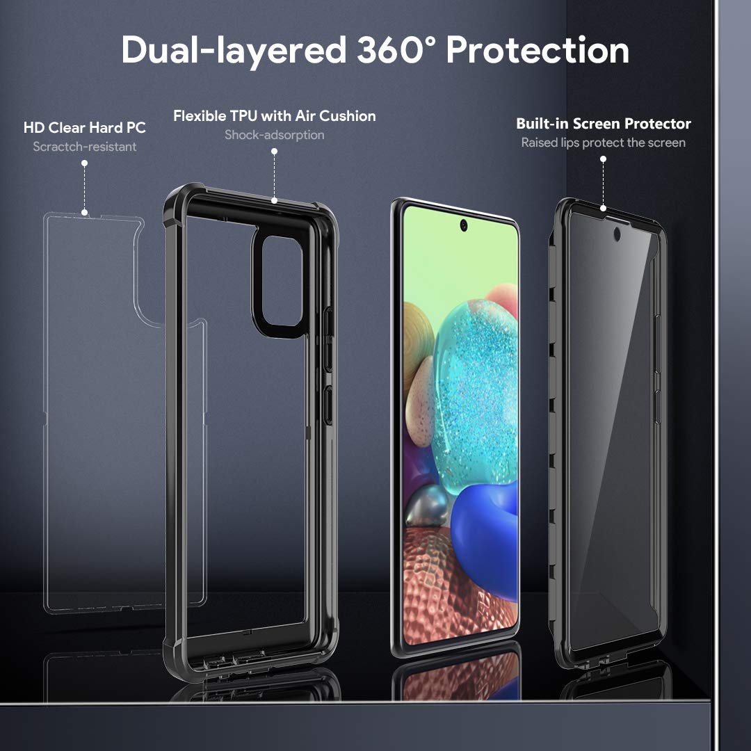HATOSHI Samsung Galaxy A71 5G Case with Built in Screen Protector - Not for Verizon A71 5G UW, A71 4G, Military Grade Heavy Duty Protection, Crystal Clear Back, Full-Body Rugged Phone Case