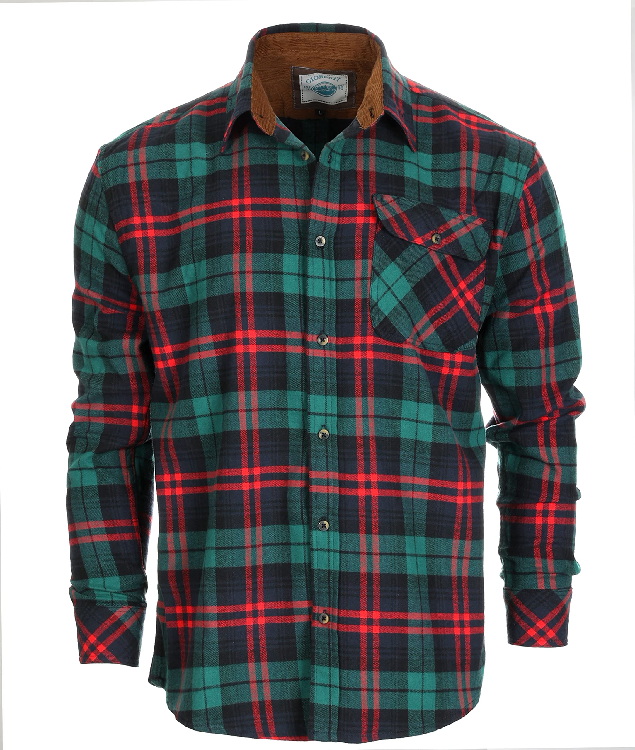 Gioberti Men's Brushed Flannel 100% Cotton Plaid Checkered Shirt with Corduroy Contrast, Green/Red, Medium