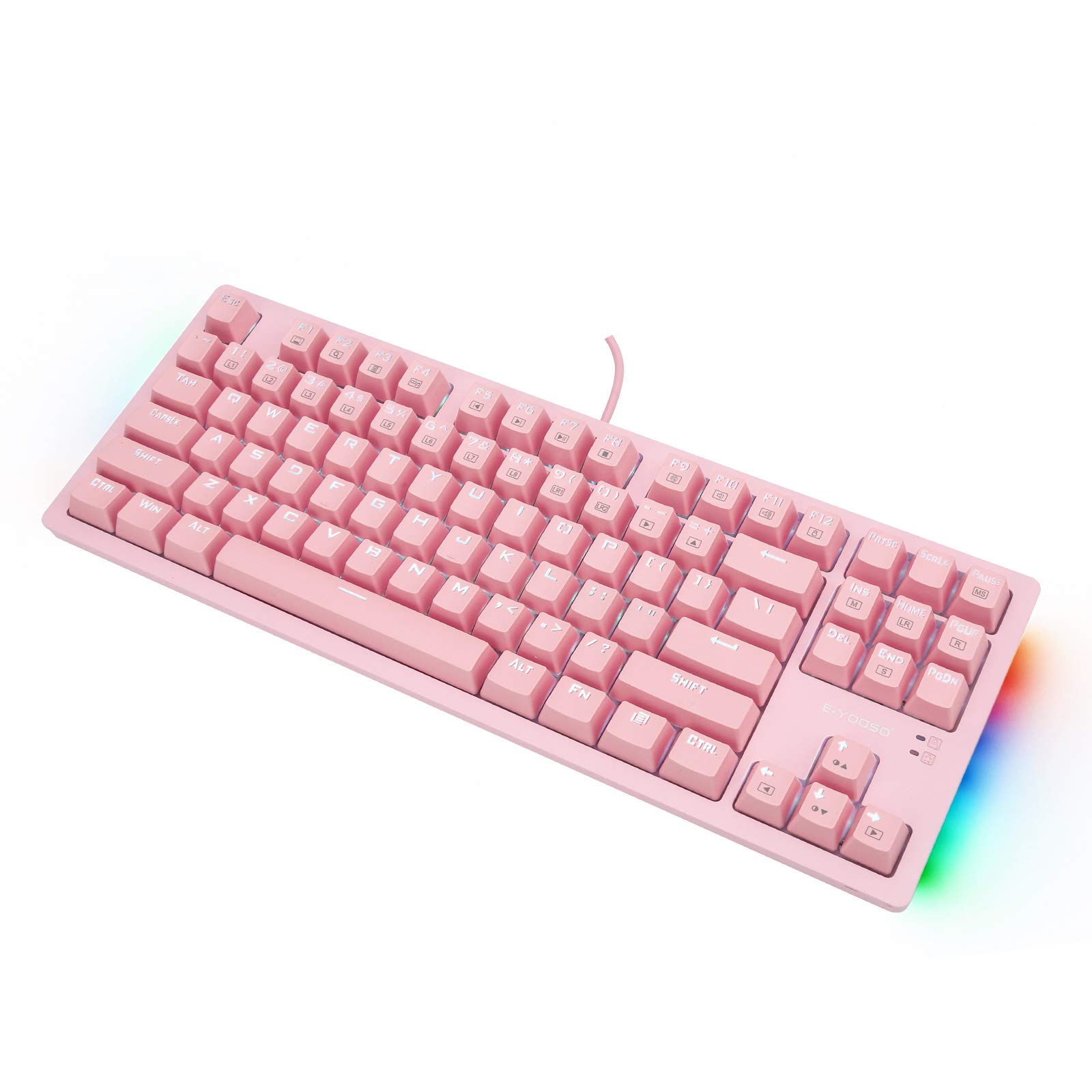 HUO JI E-Yooso K-620 Mechanical Gaming Keyboard, RGB Side Lit and LED Backlit with Blue Switches, Tenkeyless 87 Keys Anti-Ghosting for Mac, PC, Cute Pink