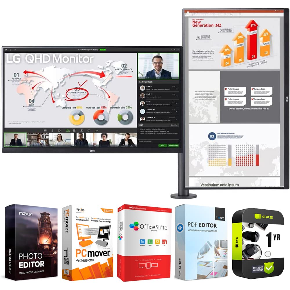 LG 27QP88D-B2 27 inch QHD (2560 x 1440) Dual Monitor Kit with Ergo Stand Bundle with Tech Smart USA Elite Suite 18 Standard Editing Software Bundle and 1 YR CPS Enhanced Protection Pack