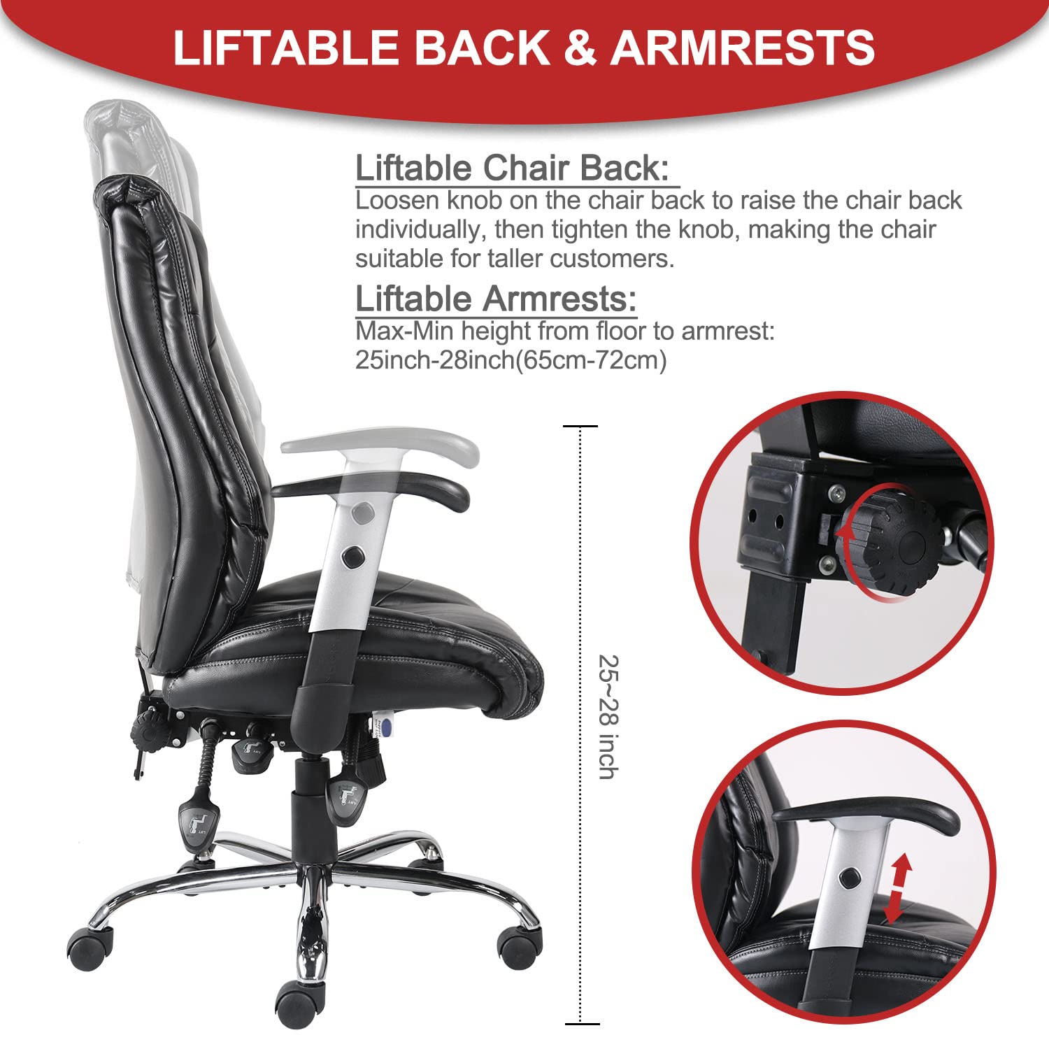 HOMEFLA Office Executive Ergonomic Computer PU Leather High Back Desk Swivel Comfortable Rolling Chair with Adjustable Armrests, Black