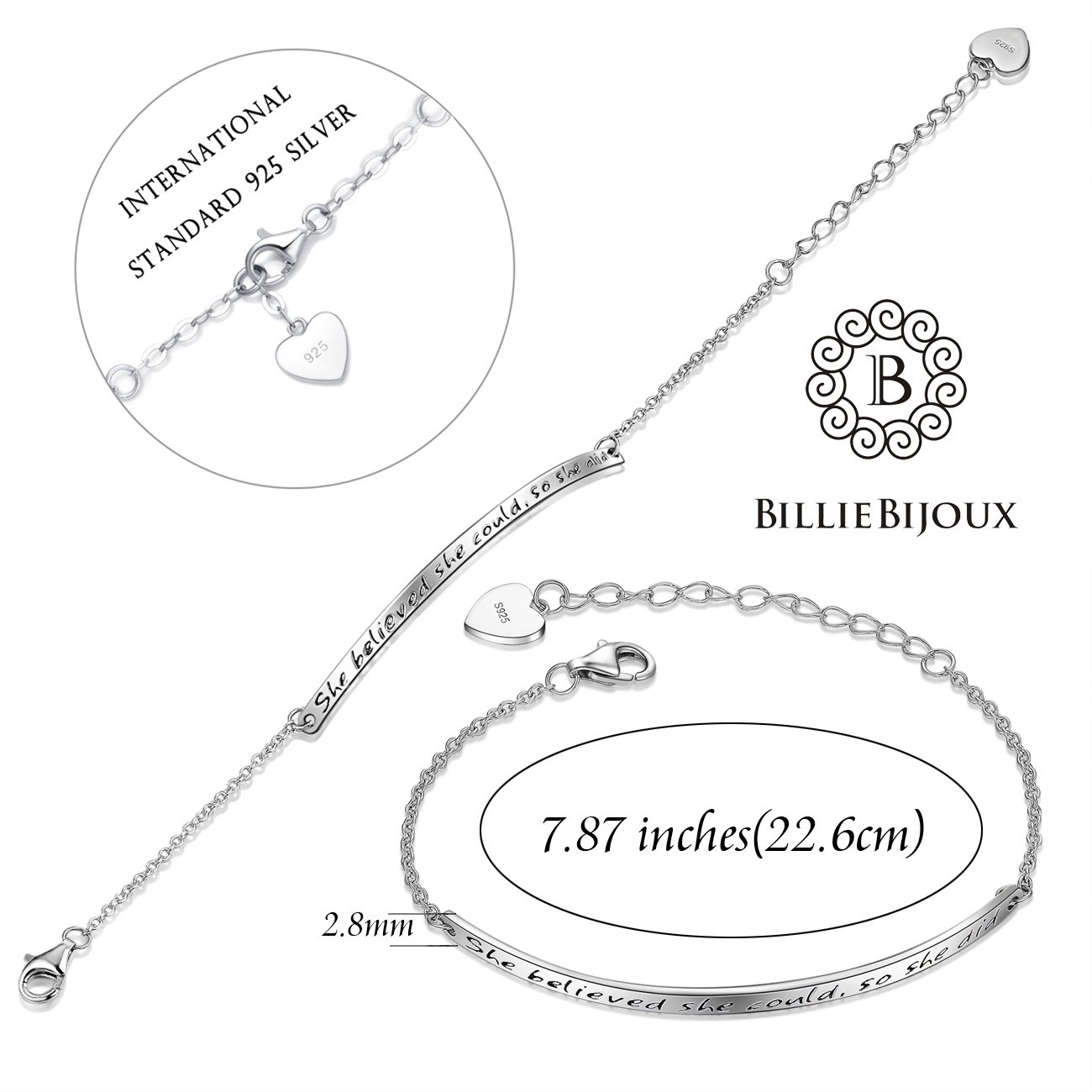 Graduation Gifts 925 Sterling Silver Women Engraved Inspirational Adjustable Bracelet “She Believed She Could So She Did” Friendship Gift (A-silver)